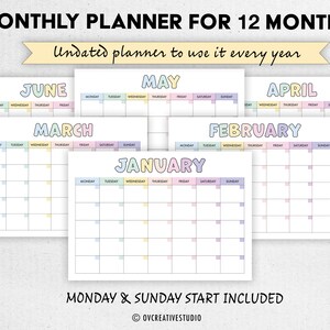 Undated Monthly Calendar, Landscape, Printable Undated Monthly Planner ...