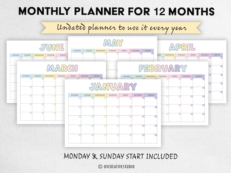 Undated Monthly Calendar, Landscape, Printable Undated Monthly Planner ...