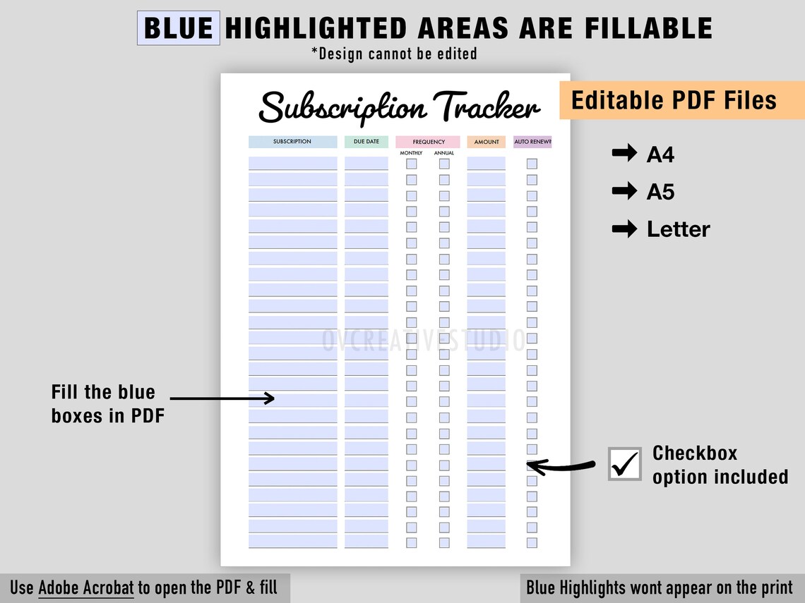 Editable Subscription Tracker Printable Subscription Log | Etsy