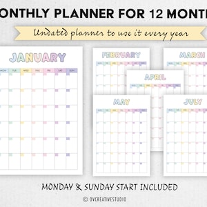 Undated Monthly Calendar, Portrait, Printable Undated Monthly Planner ...