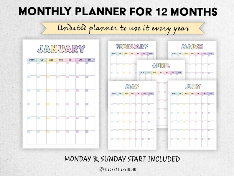 Undated Monthly Calendar, Portrait, Printable Undated Monthly Planner ...