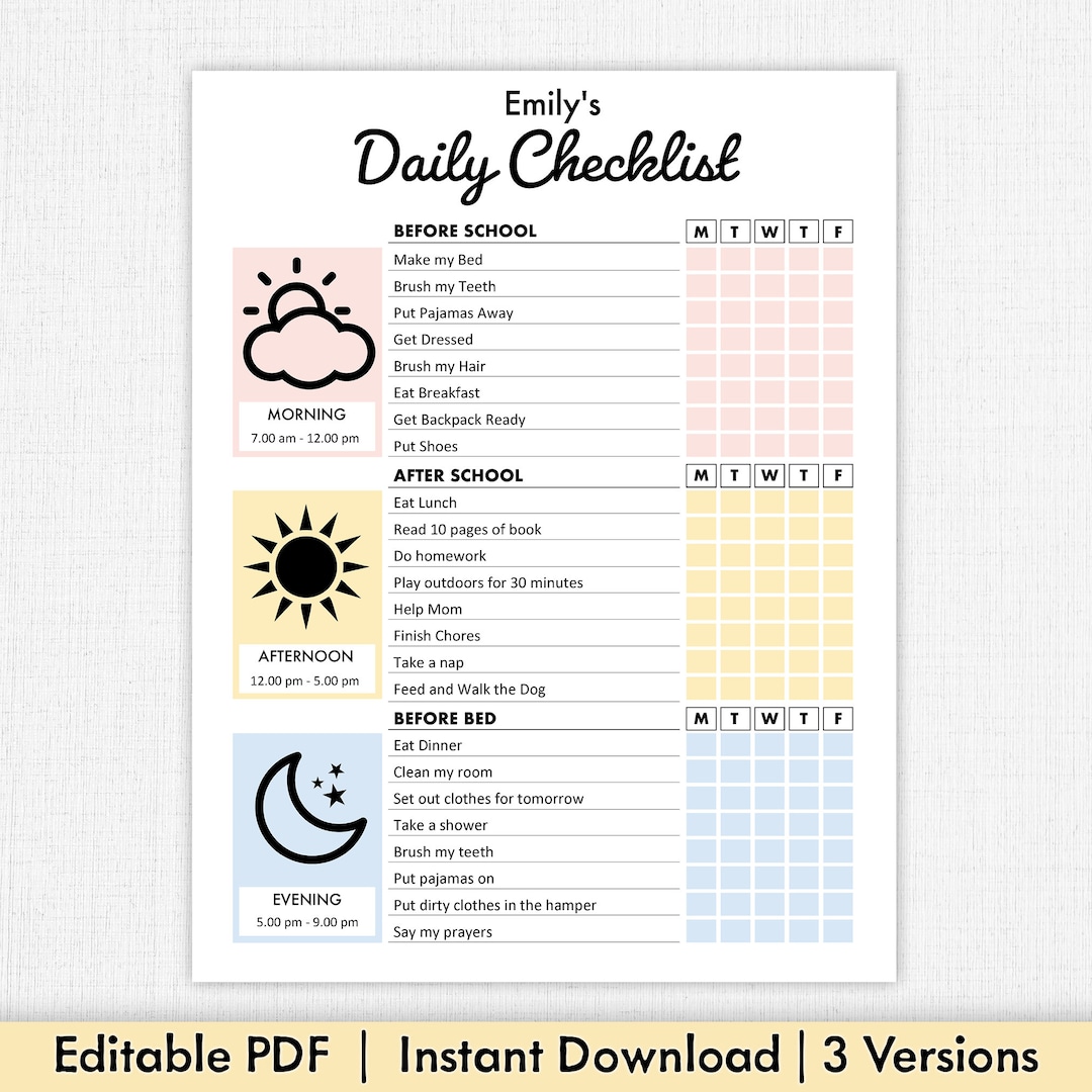 Editable Daily Checklist for Kids | Printable | Kids Responsibility ...