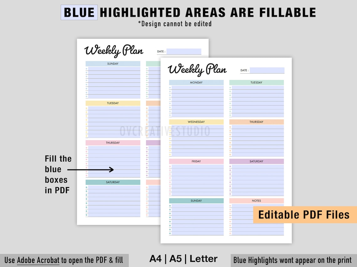 Editable Weekly Planner Printable Digital Weekly Planner - Etsy
