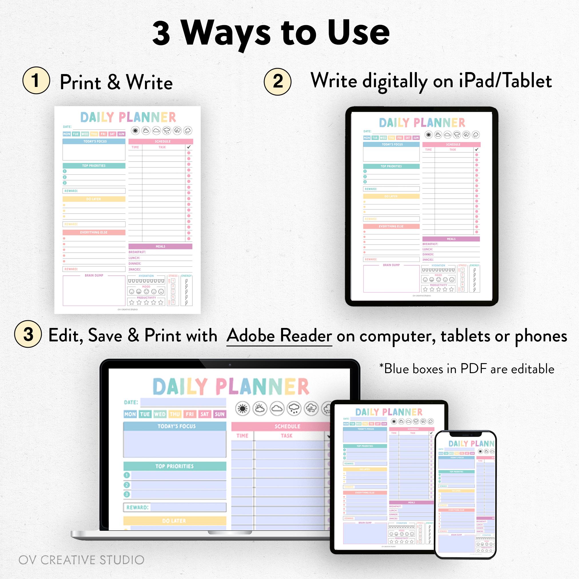 Editable ADHD Daily Planner | Printable, Digital | Daily Focus Template ...