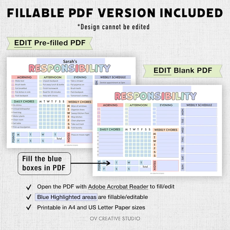Editable Responsibility Chore Chart for Kids | Printable | Kids Daily ...