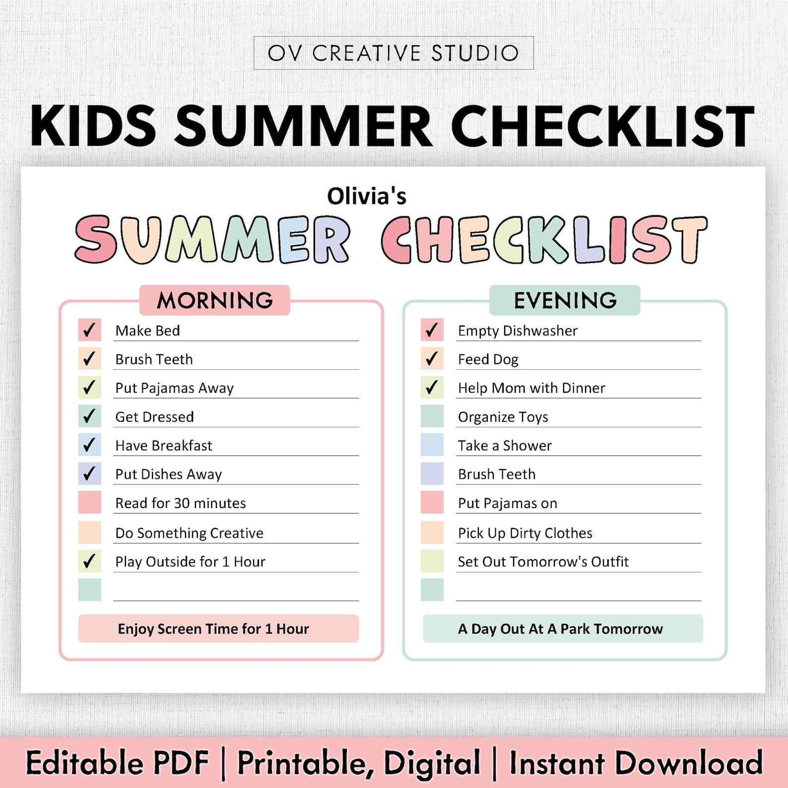 Editable Summer Checklist for Kids | Printable | Kids Responsibility ...