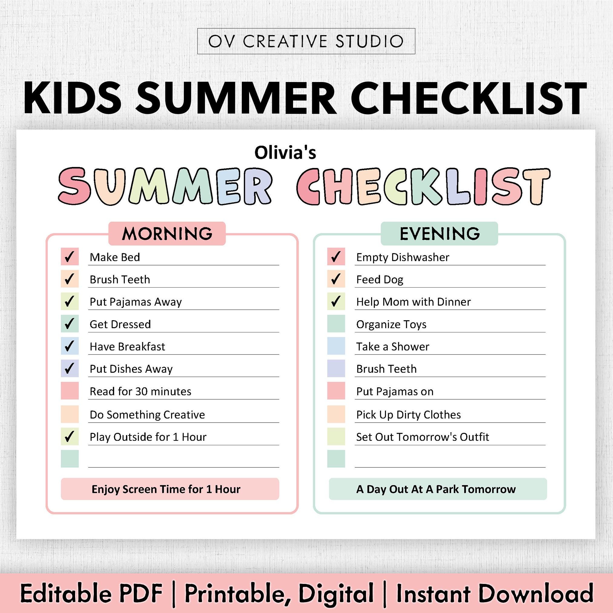 Editable Summer Checklist for Kids | Printable | Kids Responsibility ...