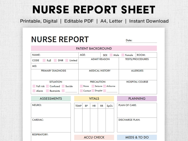 Editable Nurse Report Sheet Printable Digital Nurse Brain - Etsy UK