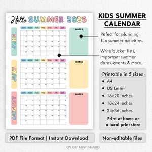 Summer Planner 2025 Kids Calendar Printable, Summer Bucket List, Summer ...