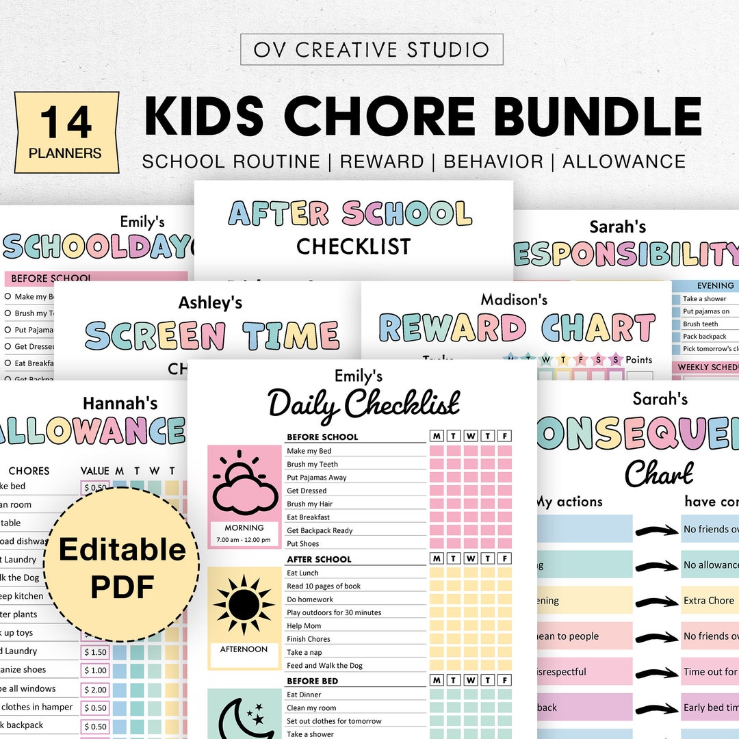 EDITABLE Kids Chore Charts, Reward, Allowance, Screen Time, School ...