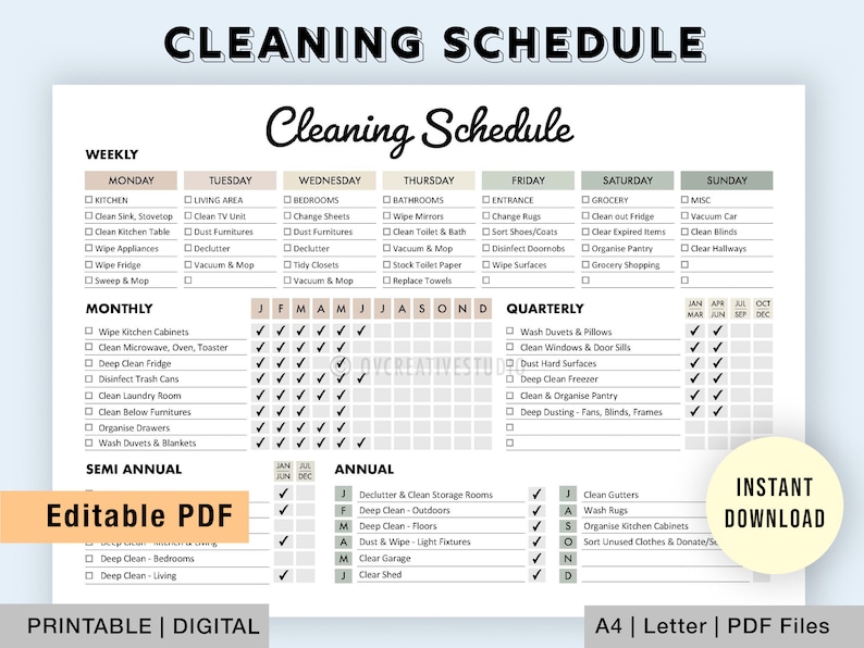 Editable Cleaning Schedule | Printable | Weekly, Monthly, Yearly ...