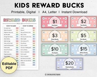 Editable Kids Reward Bucks Printable Mom Bucks, PDF Reward System for ...