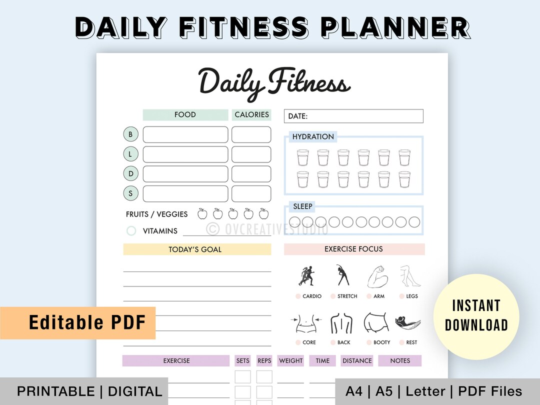 Editable Daily Fitness Planner Exercise Log Fitness Tracker Daily Meal ...