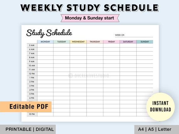 Editable Weekly Study Schedule Printable Study Planner - Etsy