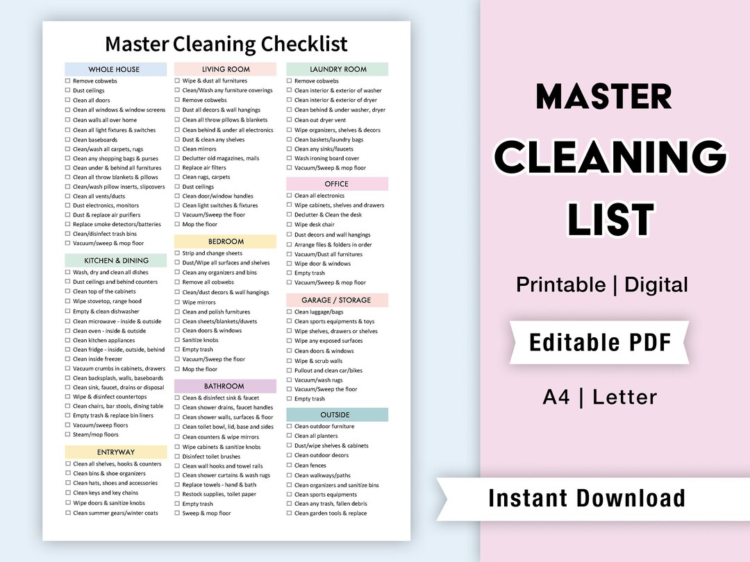 Editable Master Cleaning Checklist | Printable House Chore List ...