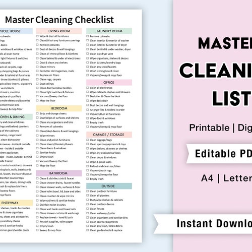 Editable Master Cleaning Checklist Cleaning Planner - Etsy