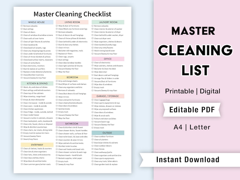 Editable Master Cleaning Checklist Printable House Chore - Etsy UK