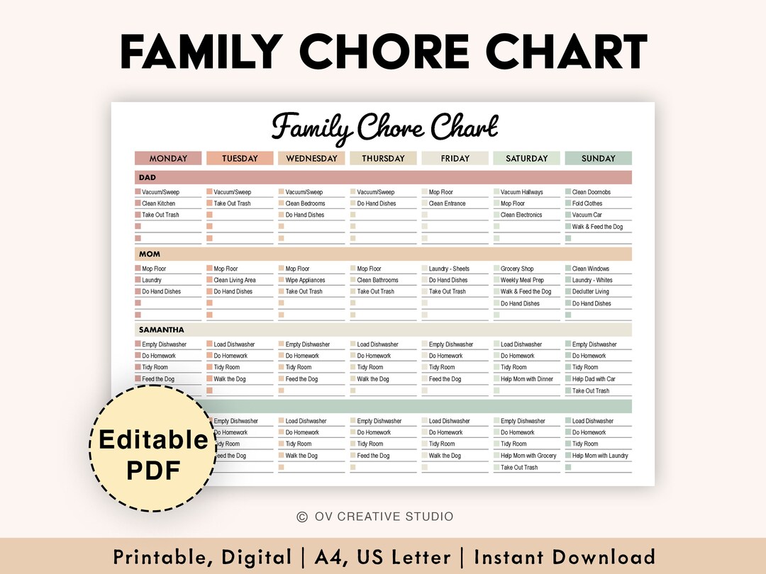 EDITABLE Family Chore Chart | | Printable Weekly Chore List | Kids ...