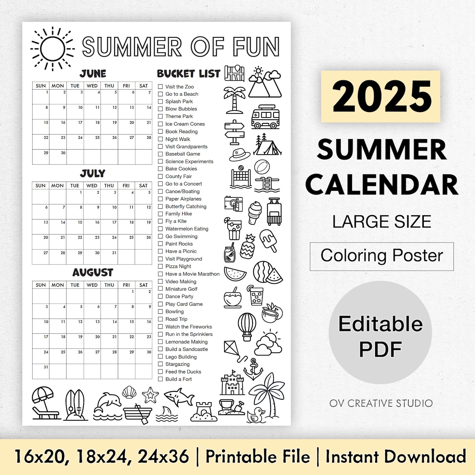 2025 Summer Coloring Calendar, Printable Kids Summer Planner, Summer ...
