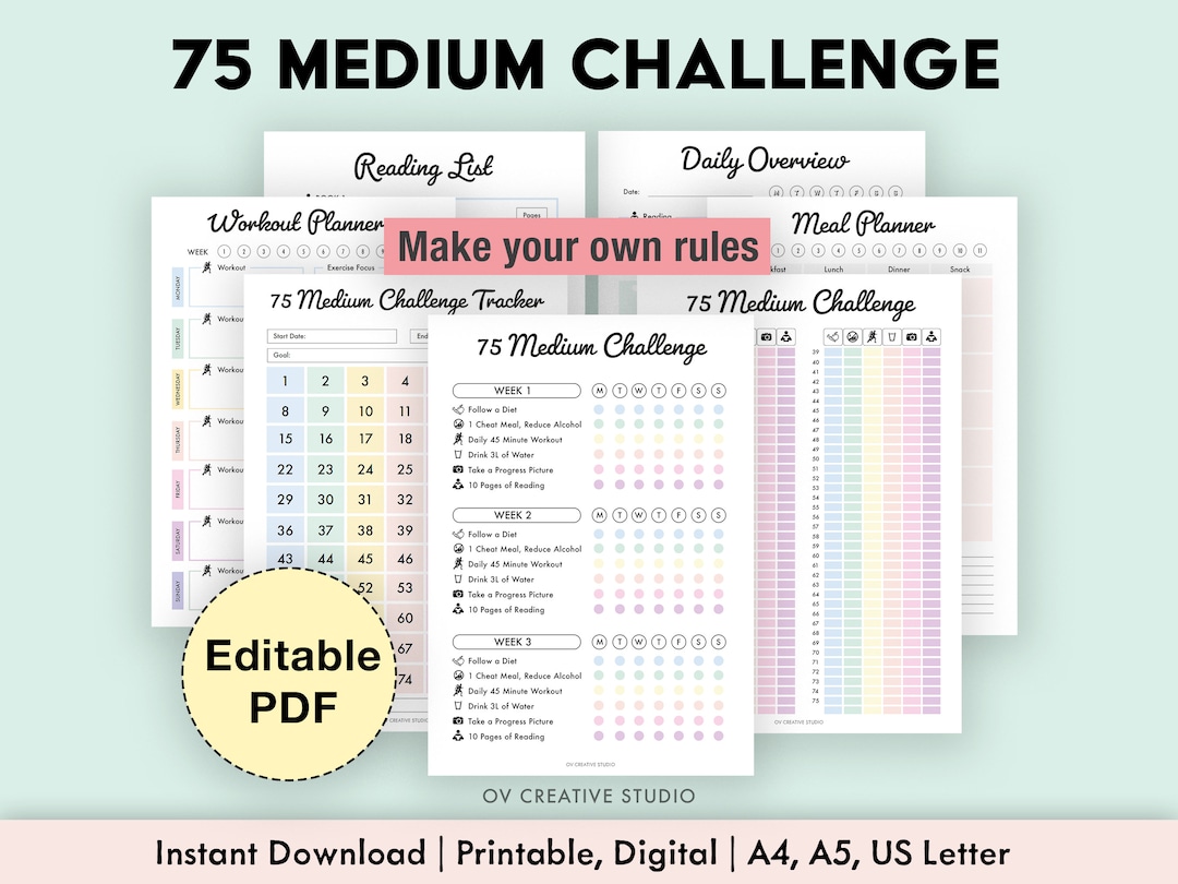 Editable 75 Medium Challenge Tracker Bundle | Printable | Daily 75 ...