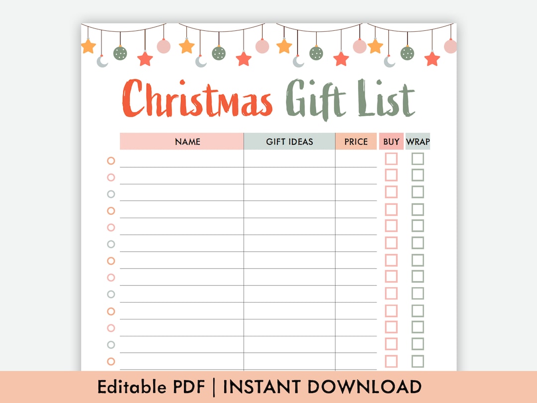Christmas Gift List Printable | Fillable | Editable PDF | Christmas ...
