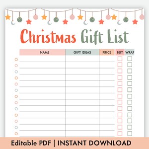 Christmas Gift List Printable | Fillable | Editable PDF | Christmas ...