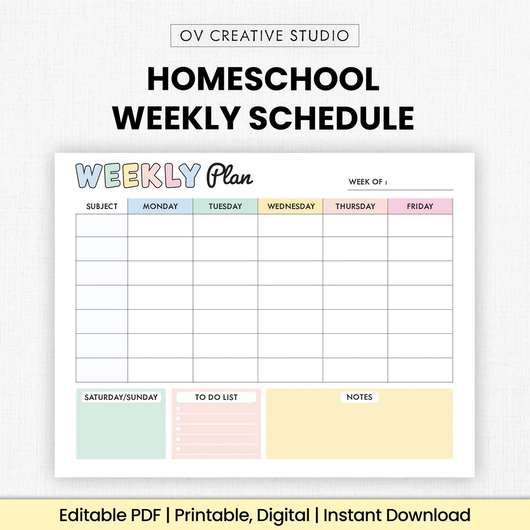 Editable Homeschool Weekly Schedule | Kids Weekly Plan | Printable ...