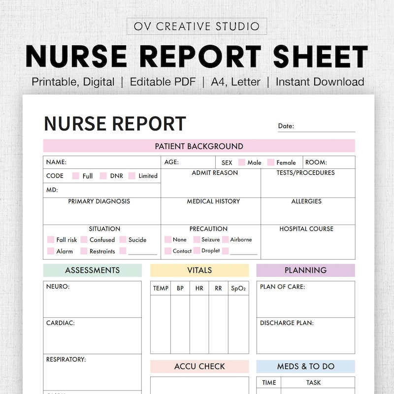 Nurse Report Sheet - Etsy