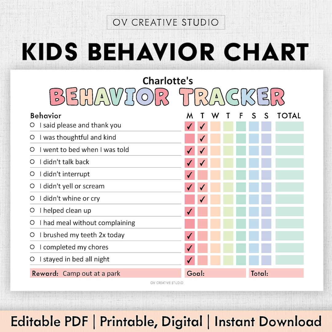 Behavior Reward Chart for Kids | Printable, Editable, Digital PDF ...