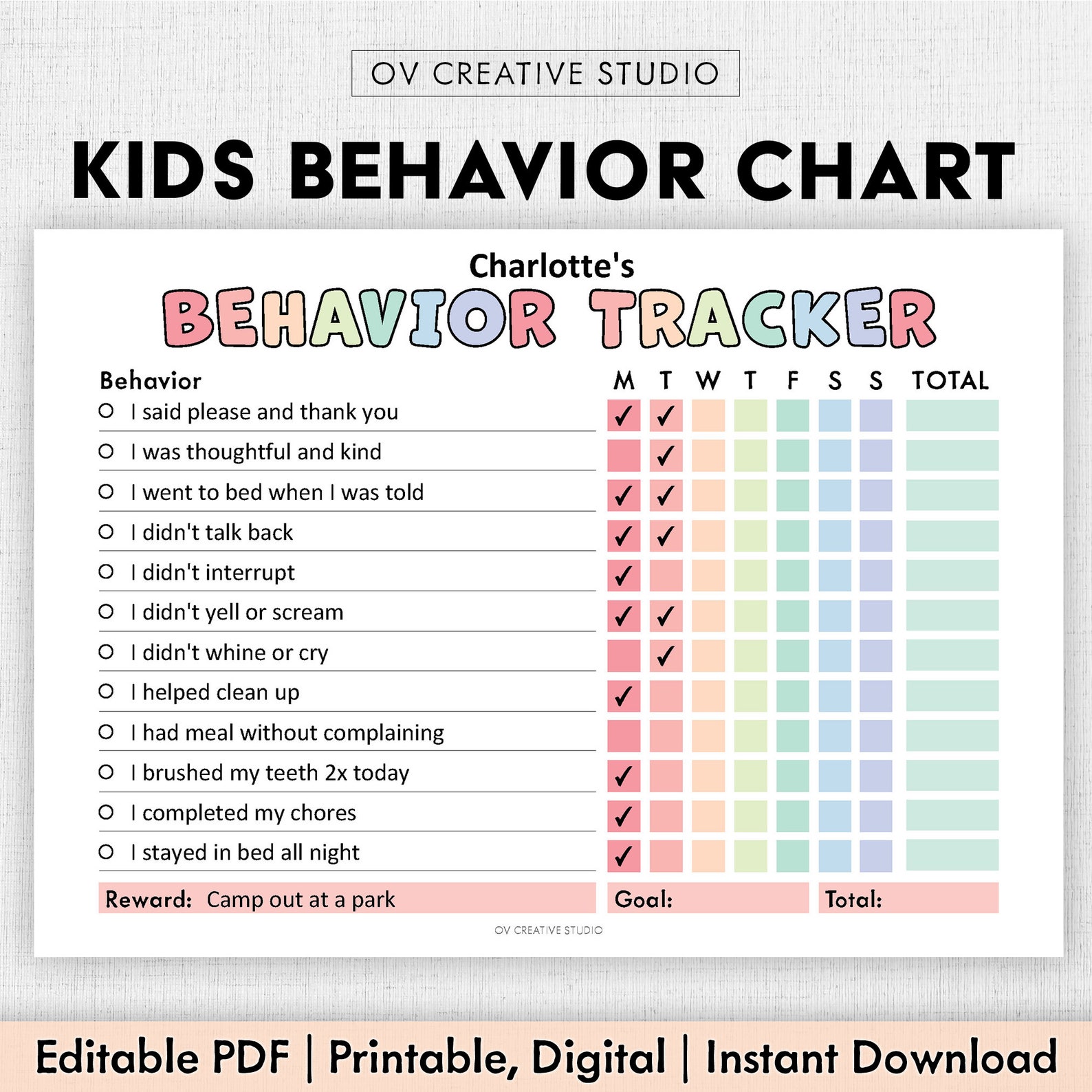 Behavior Reward Chart for Kids | Printable, Editable, Digital PDF ...