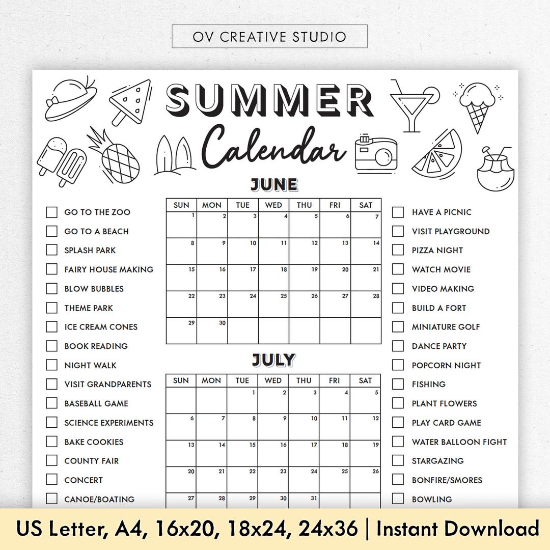 Summer Planner 2025 Kids Calendar Printable, Summer Bucket List, Summer ...