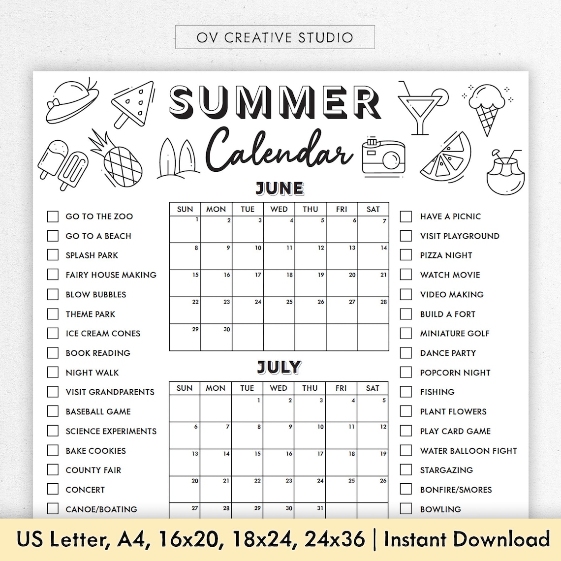 Summer Planner 2025 Kids Calendar Printable, Summer Bucket List, Summer ...