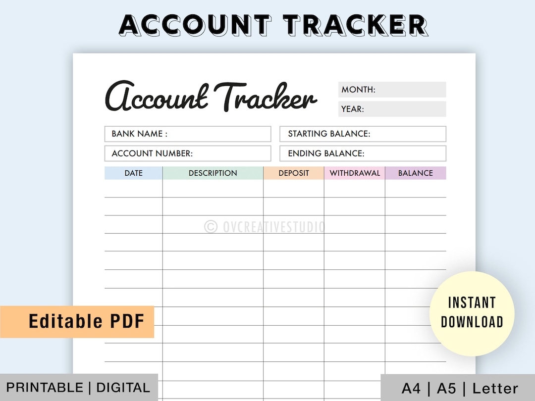 Editable Account Tracker | Printable Account Log | Bank Account Tracker ...