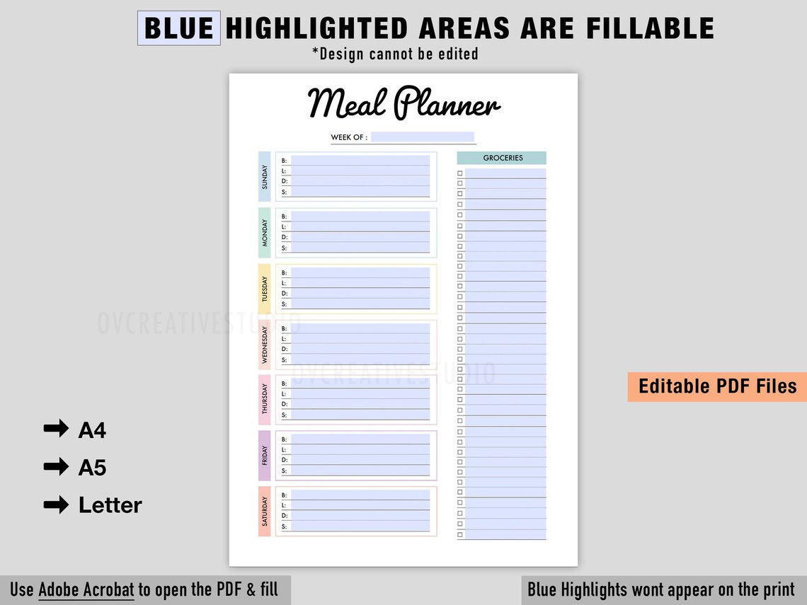 Editable Meal Planner and Grocery List Printable Digital | Etsy