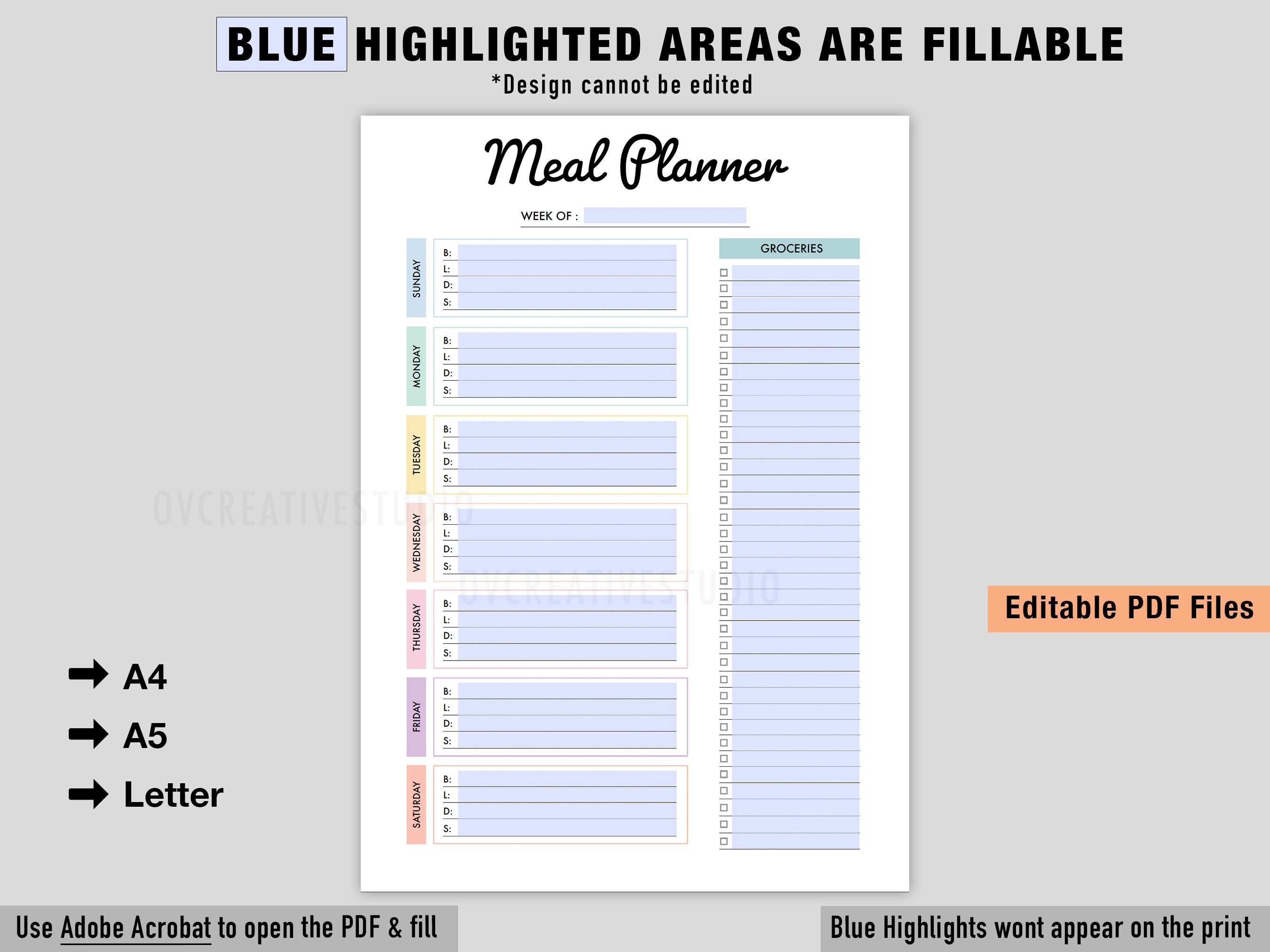 Editable Meal Planner and Grocery List | Printable, Digital | Meal Prep ...