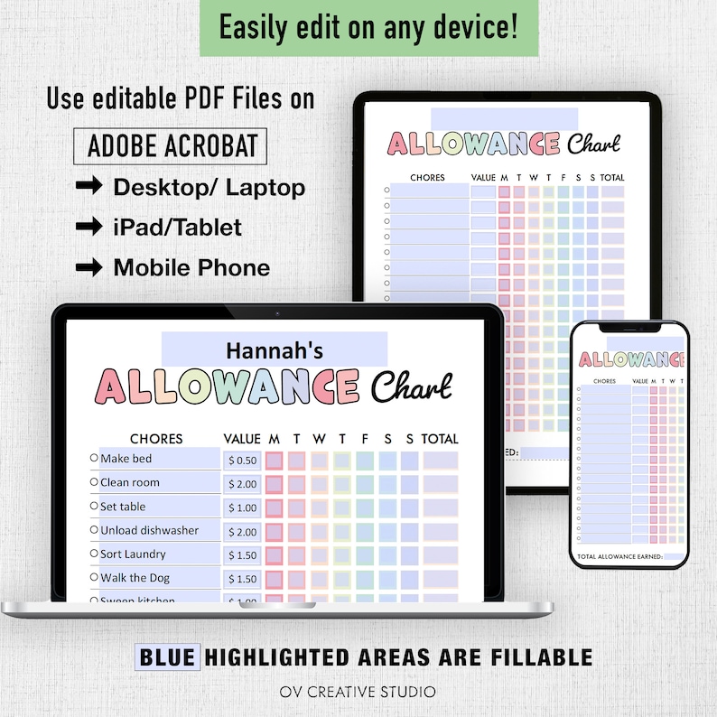 EDITABLE Allowance Tracker Kids | Earn Money Chart | Daily Weekly ...