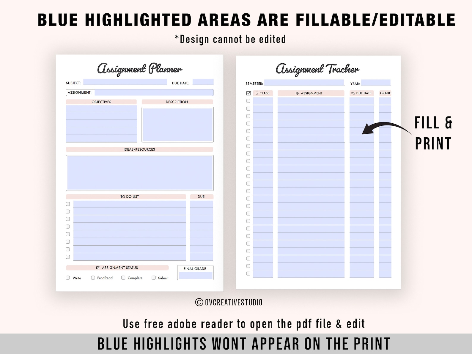 Editable Assignment Planner Assignment Tracker Study | Etsy