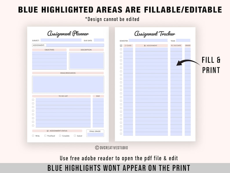 Editable Assignment Planner Assignment Tracker Study | Etsy