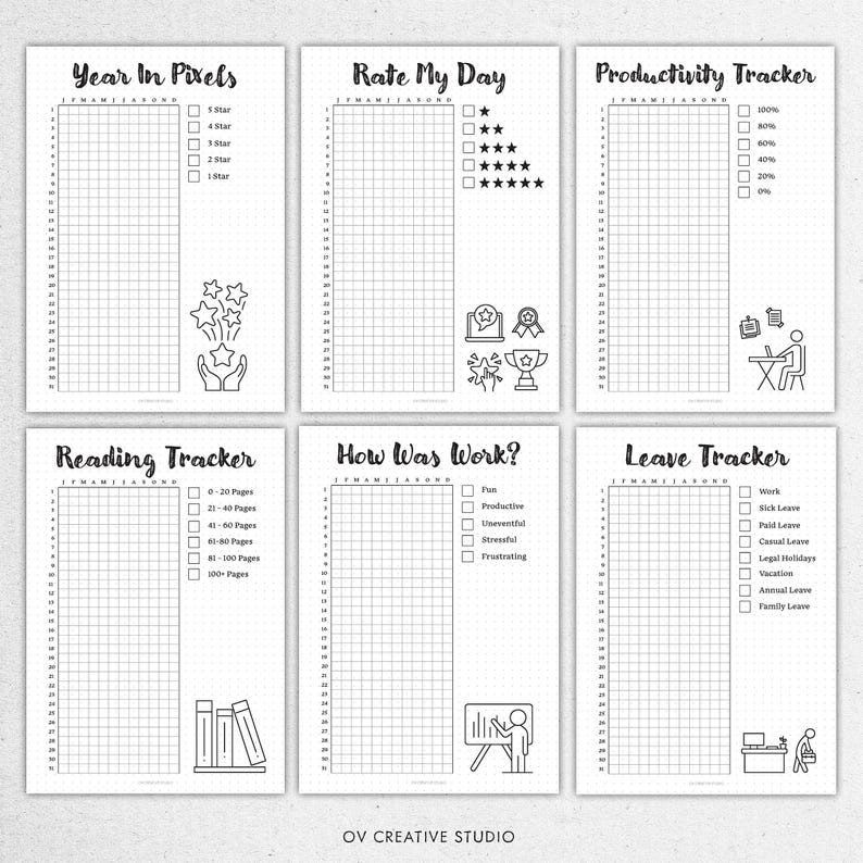 Yearly Productivity Pixel Tracker Bundle, Printable Premade Bullet ...