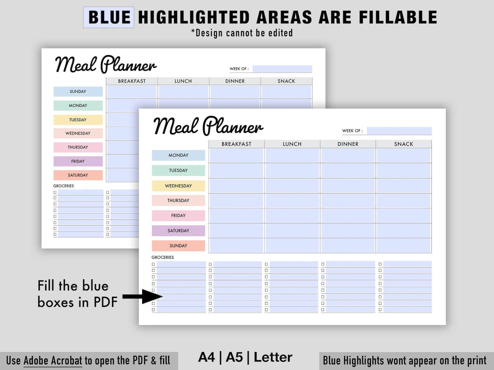 Editable Weekly Meal Planner, Grocery List Printable, Digital Meal Prep ...