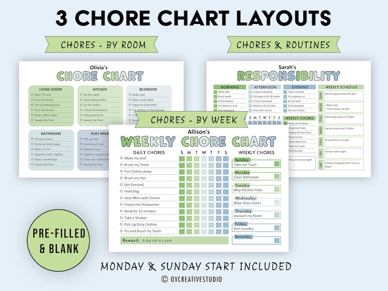 Editable Kids Chore Charts, Reward, Allowance, Screen Time, School ...
