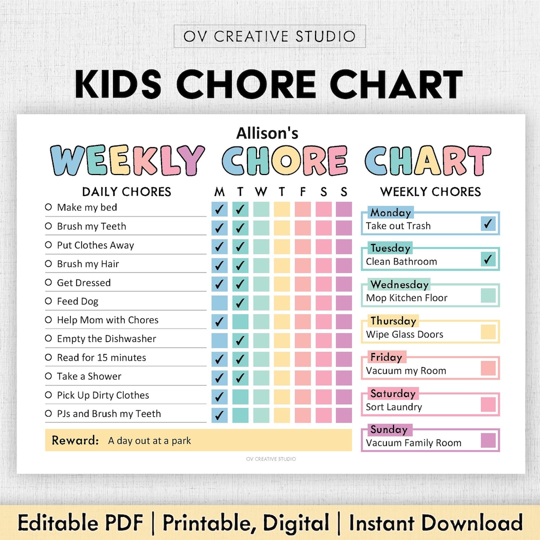 Editable Chore Chart for Kids | Printable | Kids Daily Weekly ...
