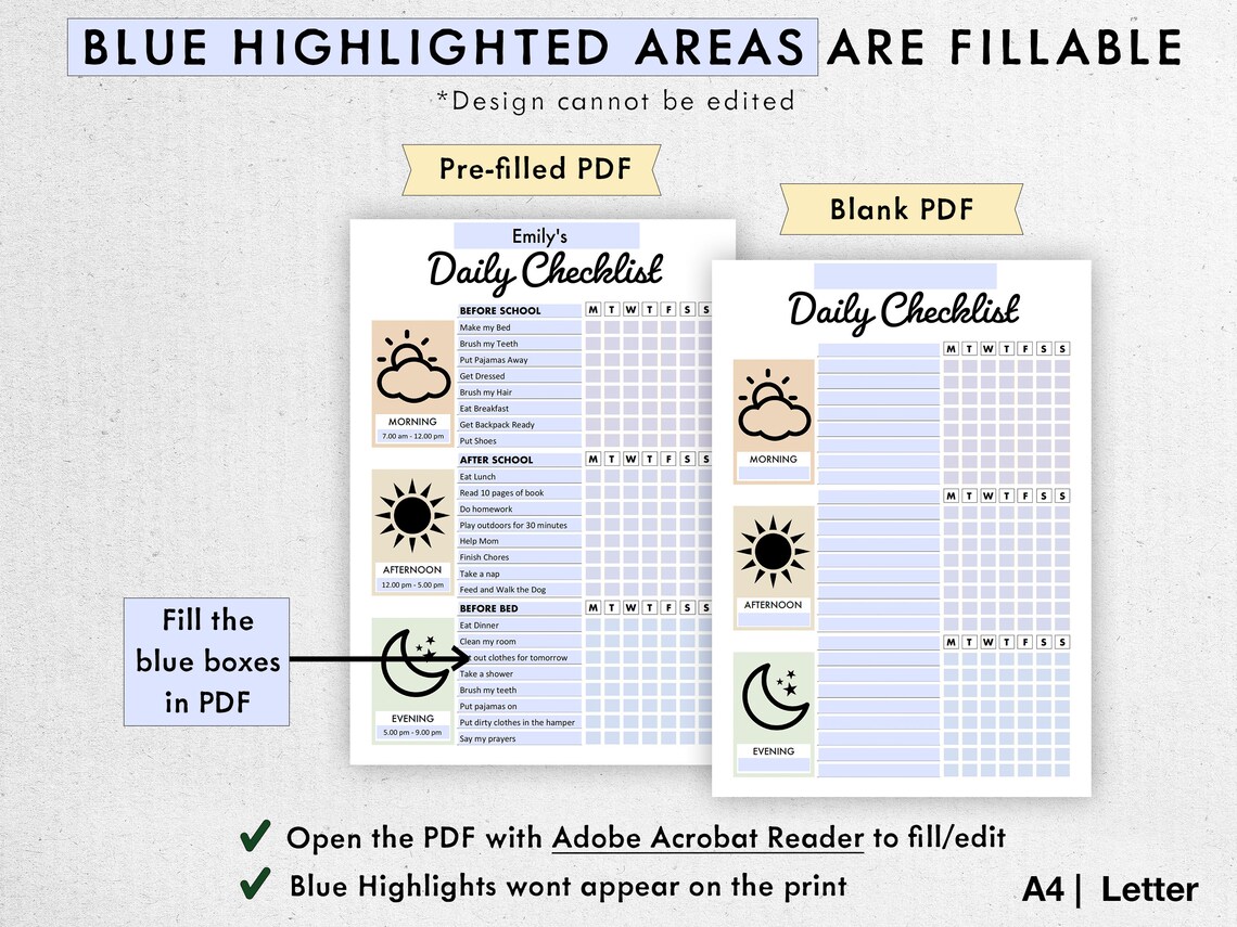 Editable Daily Checklist for Kids | Printable | Kids Responsibility ...