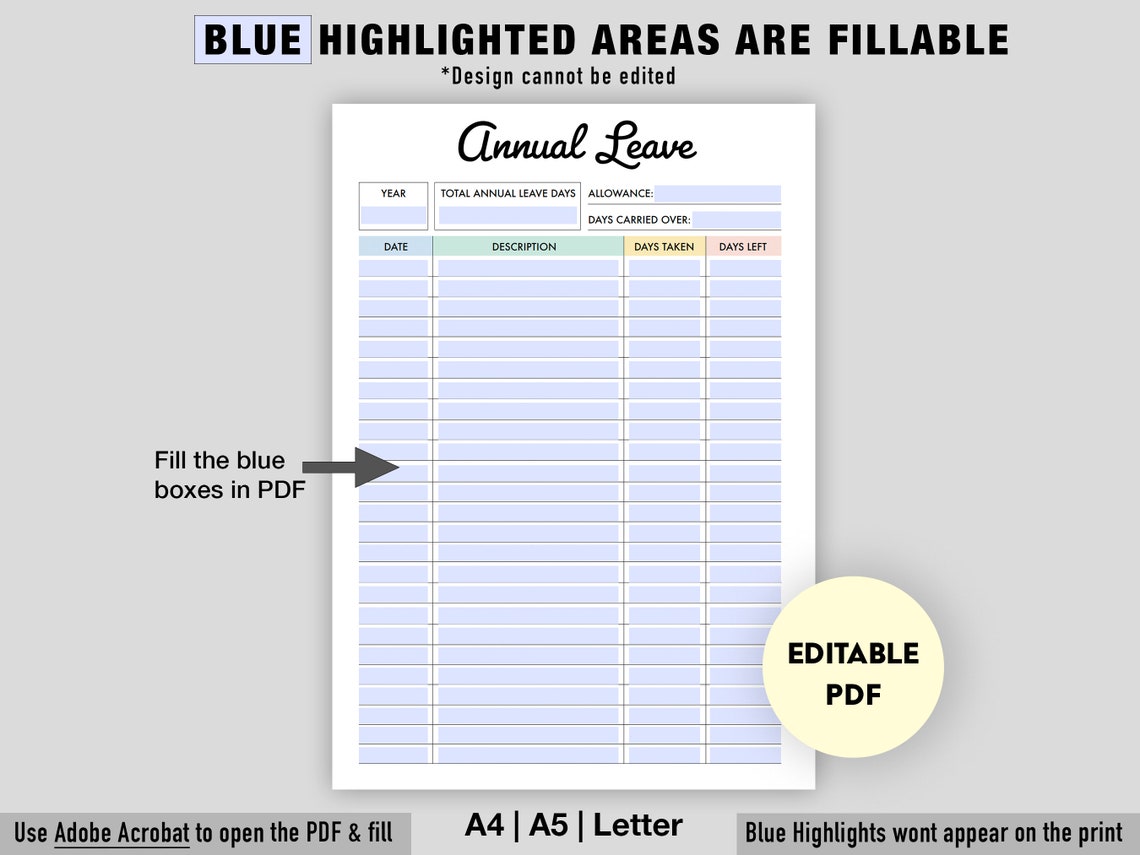 Editable Annual Leave Tracker | Printable | Holiday Tracker | Work ...