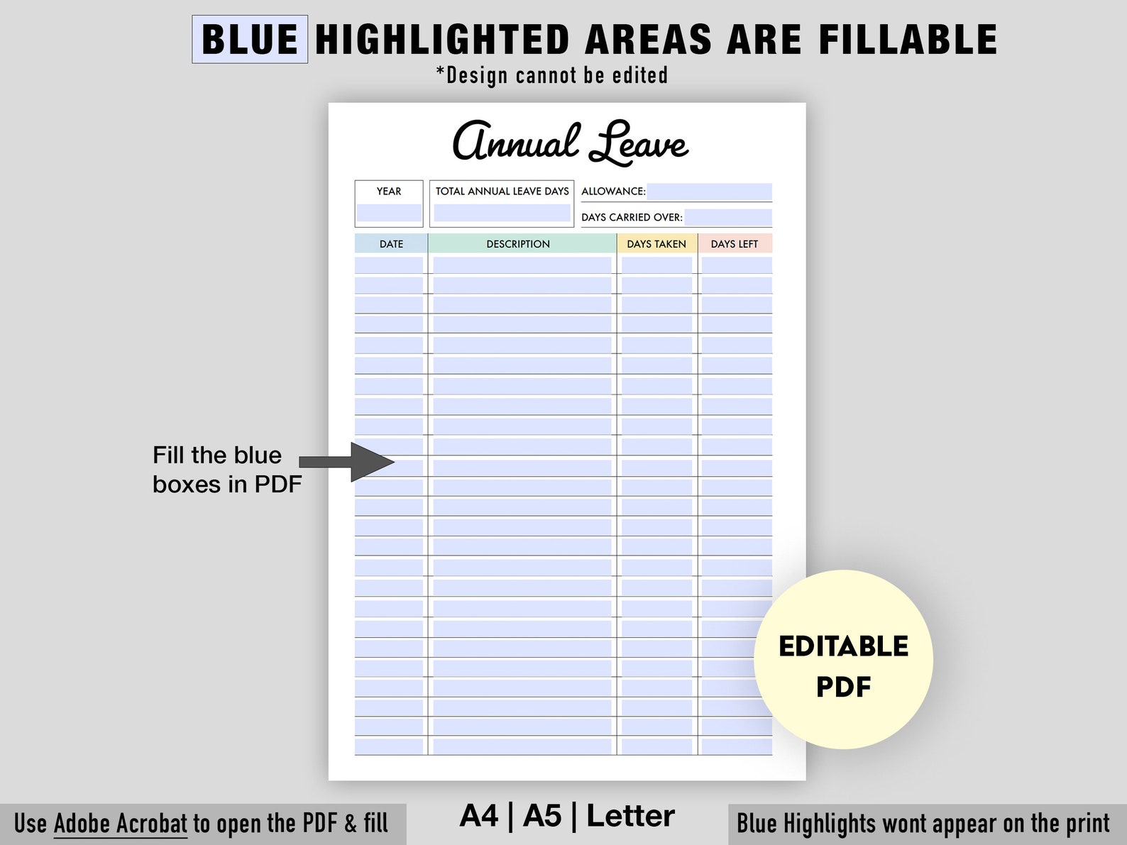 Editable Annual Leave Tracker | Printable | Holiday Tracker | Work ...