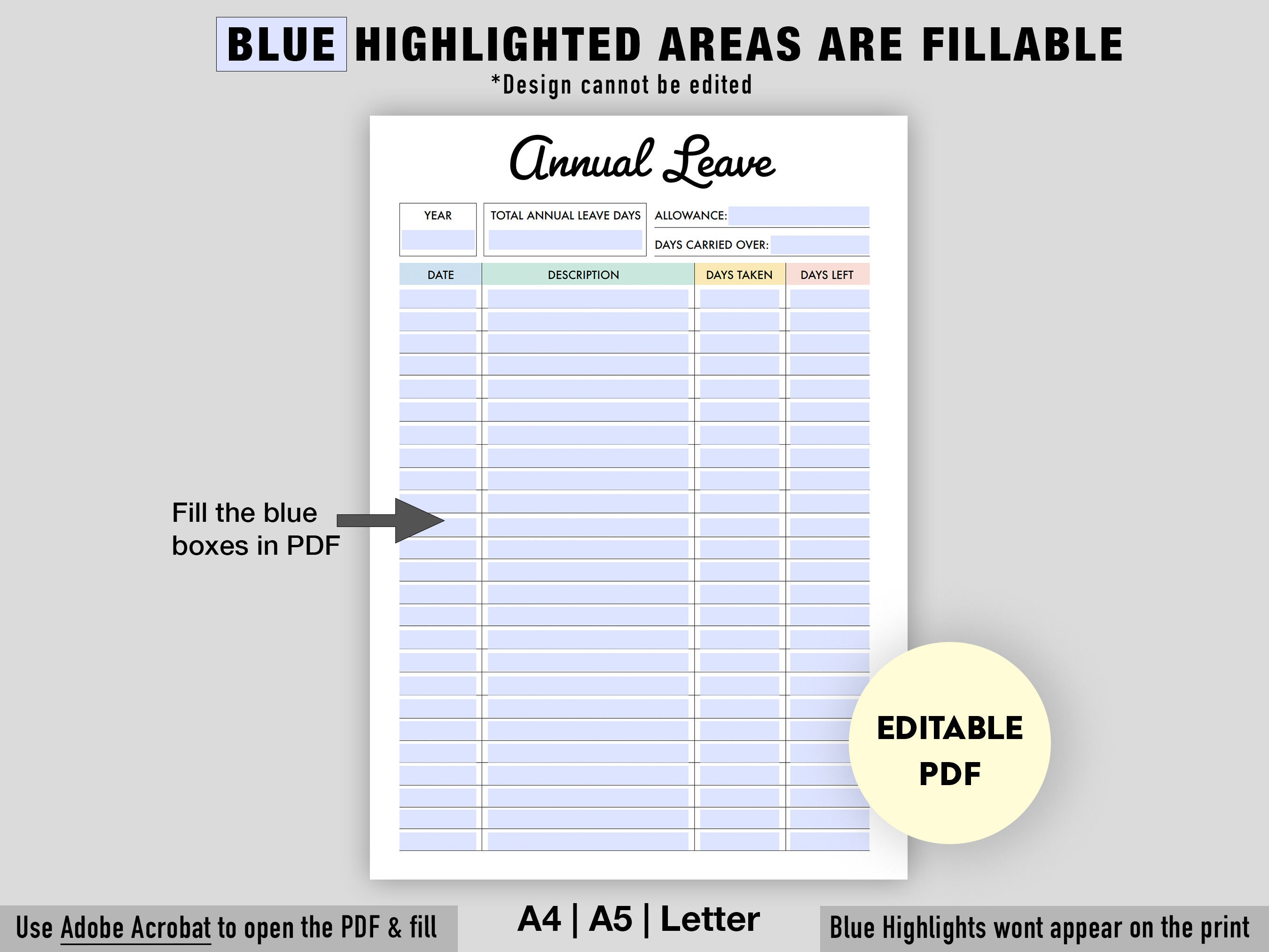 Editable Annual Leave Tracker Printable Holiday Tracker - Etsy Australia