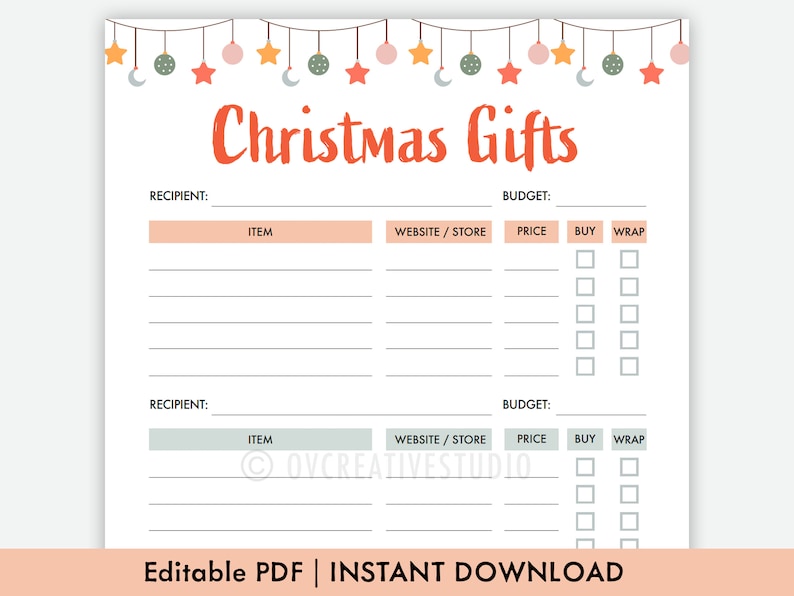Christmas Gift List Printable | Fillable | Editable PDF | Christmas ...