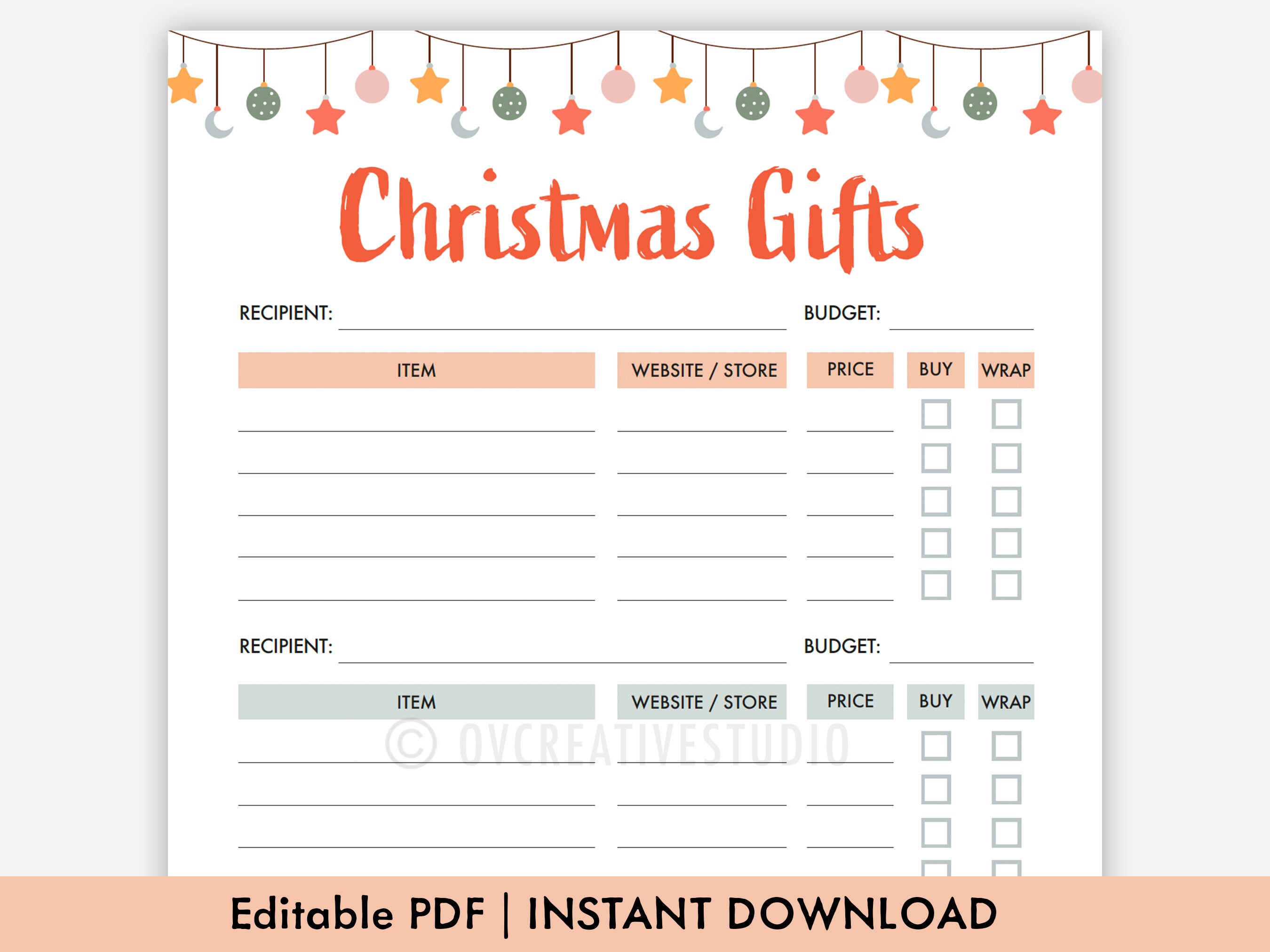 Christmas Gift List Printable | Fillable | Editable PDF | Christmas ...