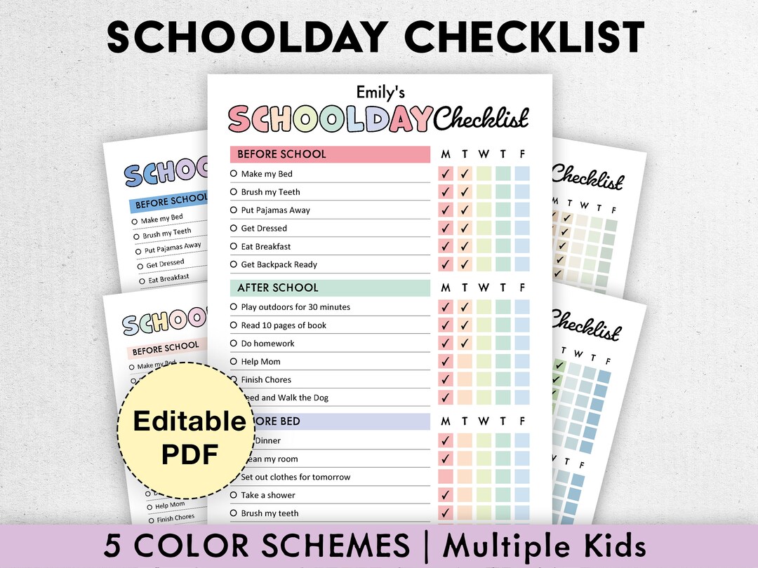 Editable Schoolday Checklist for Kids | Printable | Kids Chore Chart ...