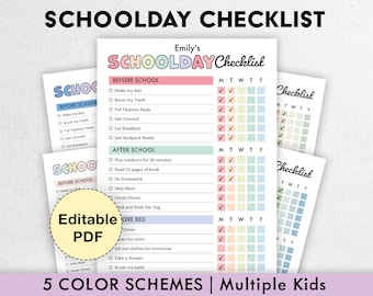 Schoolday Checklist for Kids | Printable Kids Chore Chart | Editable ...